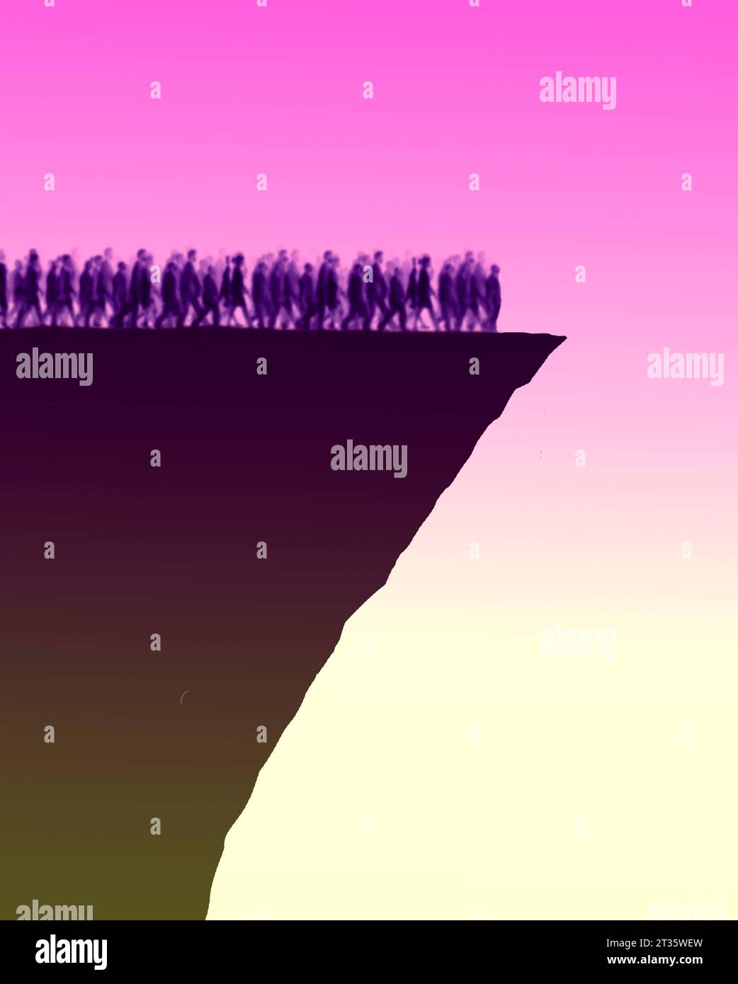 Illustration of crowd of people walking towards cliff edge Stock Photo ...