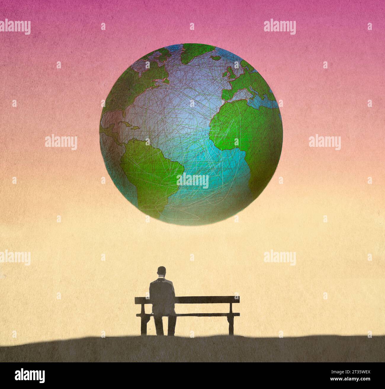 Illustration of man sitting alone on bench looking at planet Earth ...