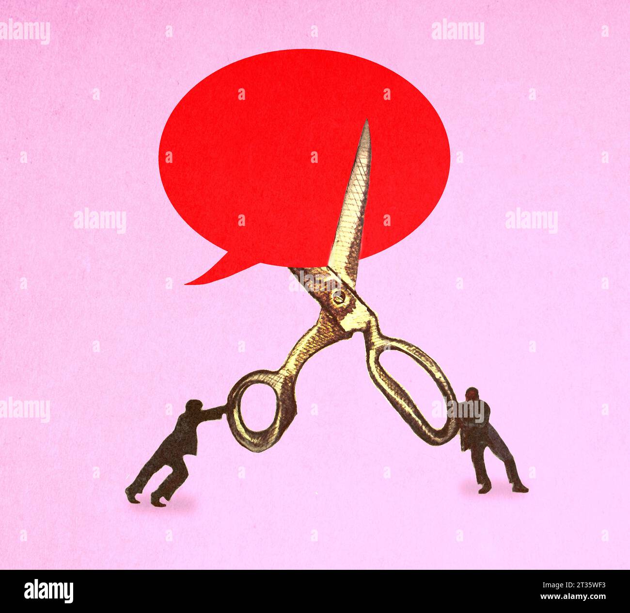 Illustration of two men cutting blank speech bubble with oversized ...