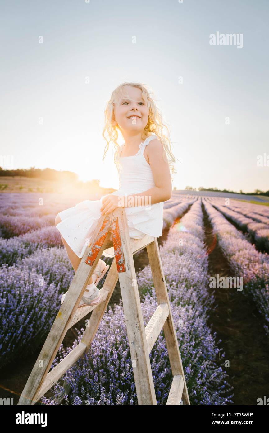 Thoughtful girl sitting on wooden step ladder in field Stock Photo - Alamy