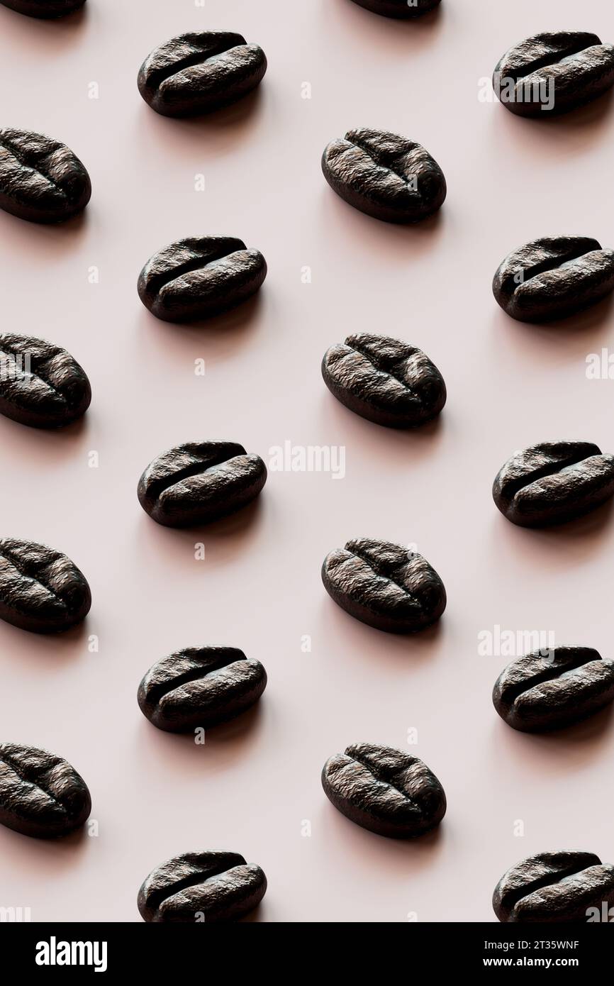 3D pattern of rows of roasted coffee beans against white background ...