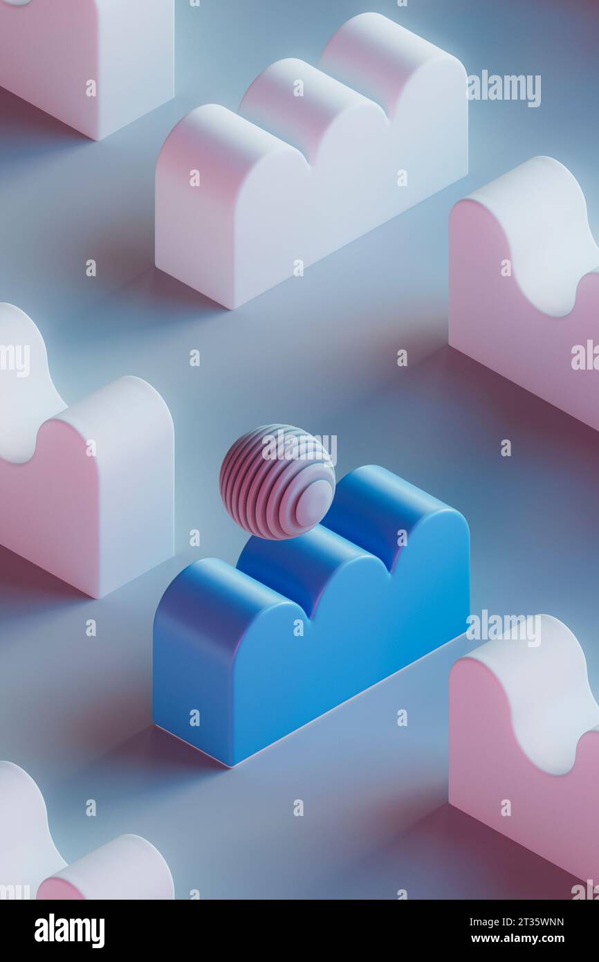 3D render of sphere floating over blue wavy toy block Stock Photo - Alamy