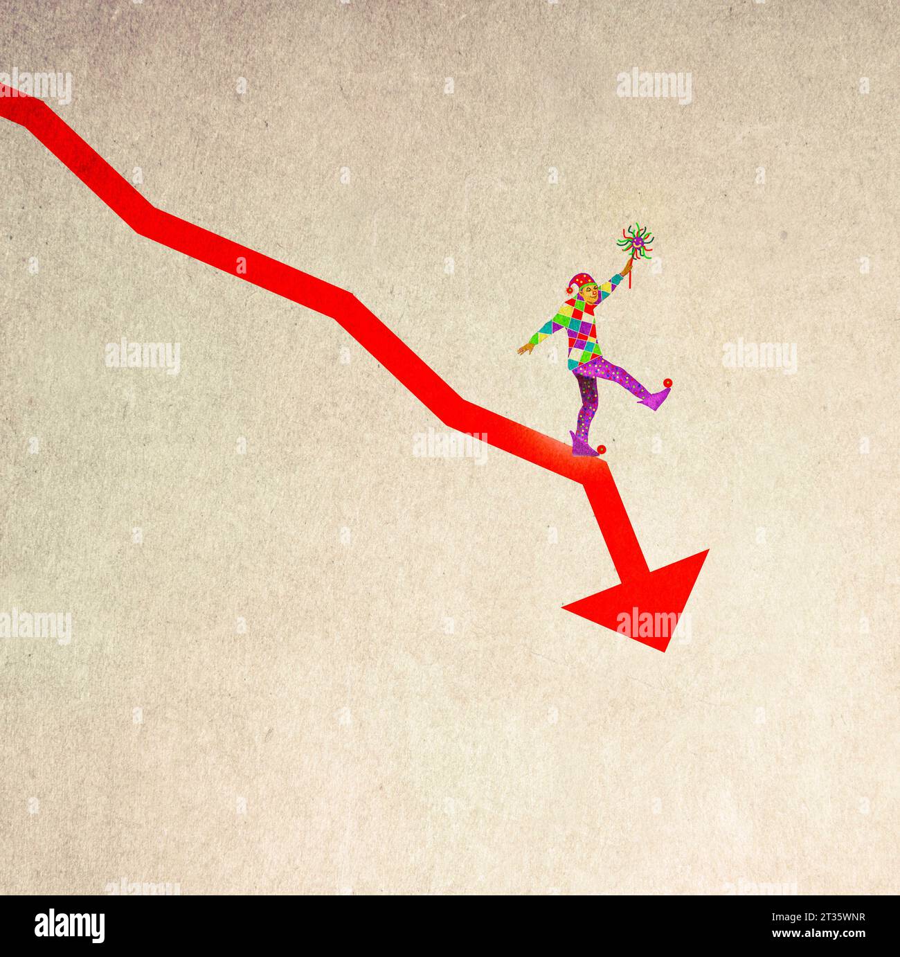 Illustration of jester standing on downward arrow Stock Photo - Alamy