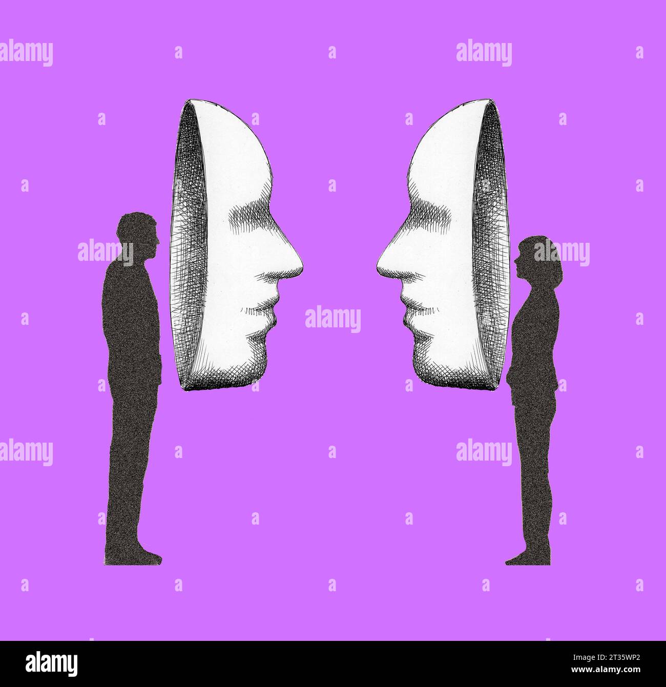 Illustration of man and woman wearing oversized masks standing face to ...
