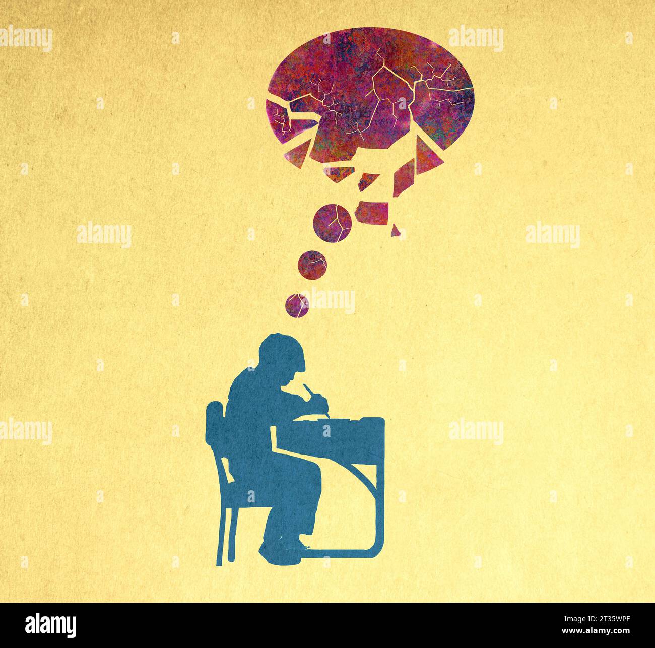 Illustration of schoolboy sitting at desk under cracked thought bubble ...