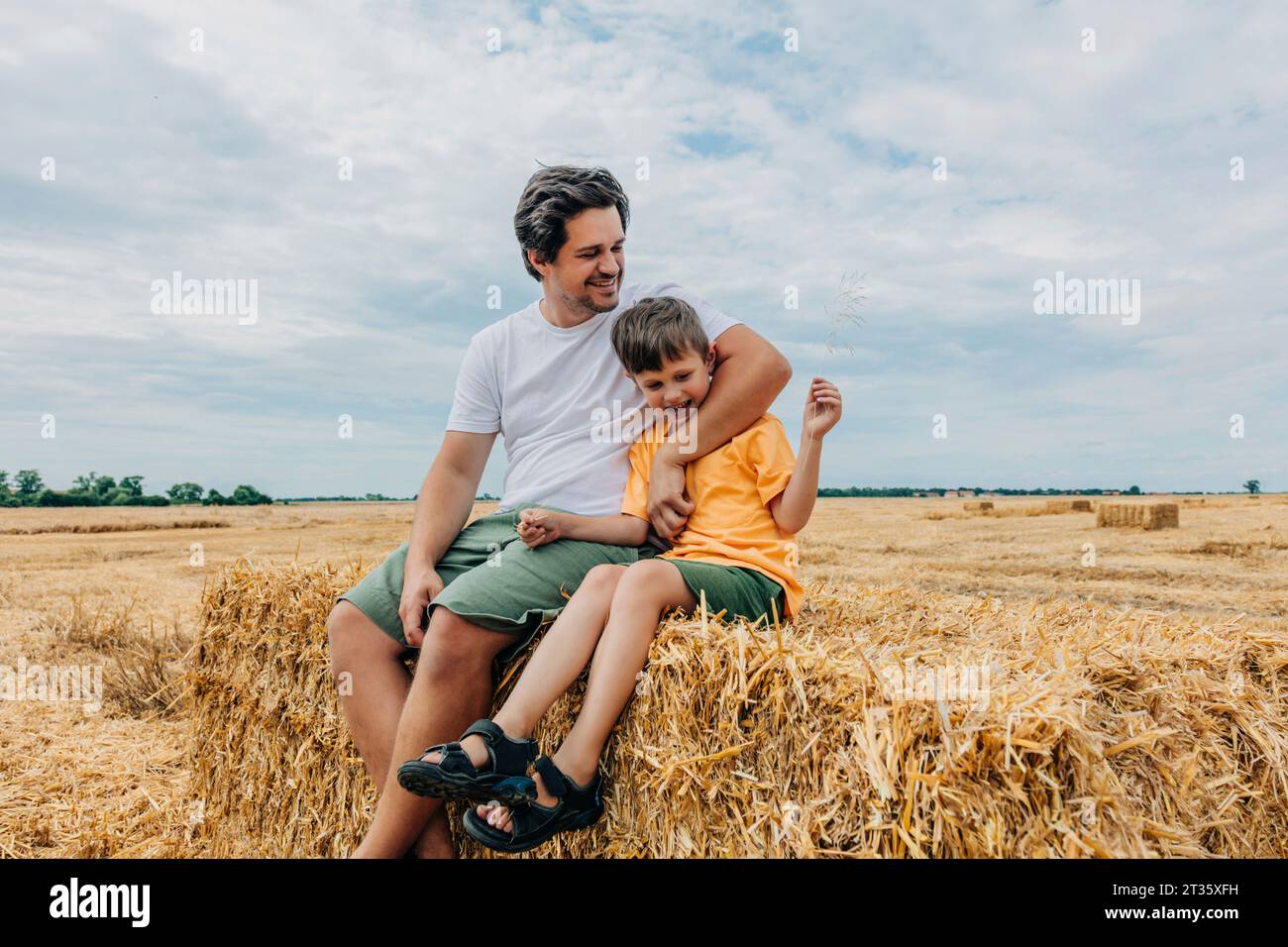 Smiling father with arm around son sitting in wheat field Stock Photo ...