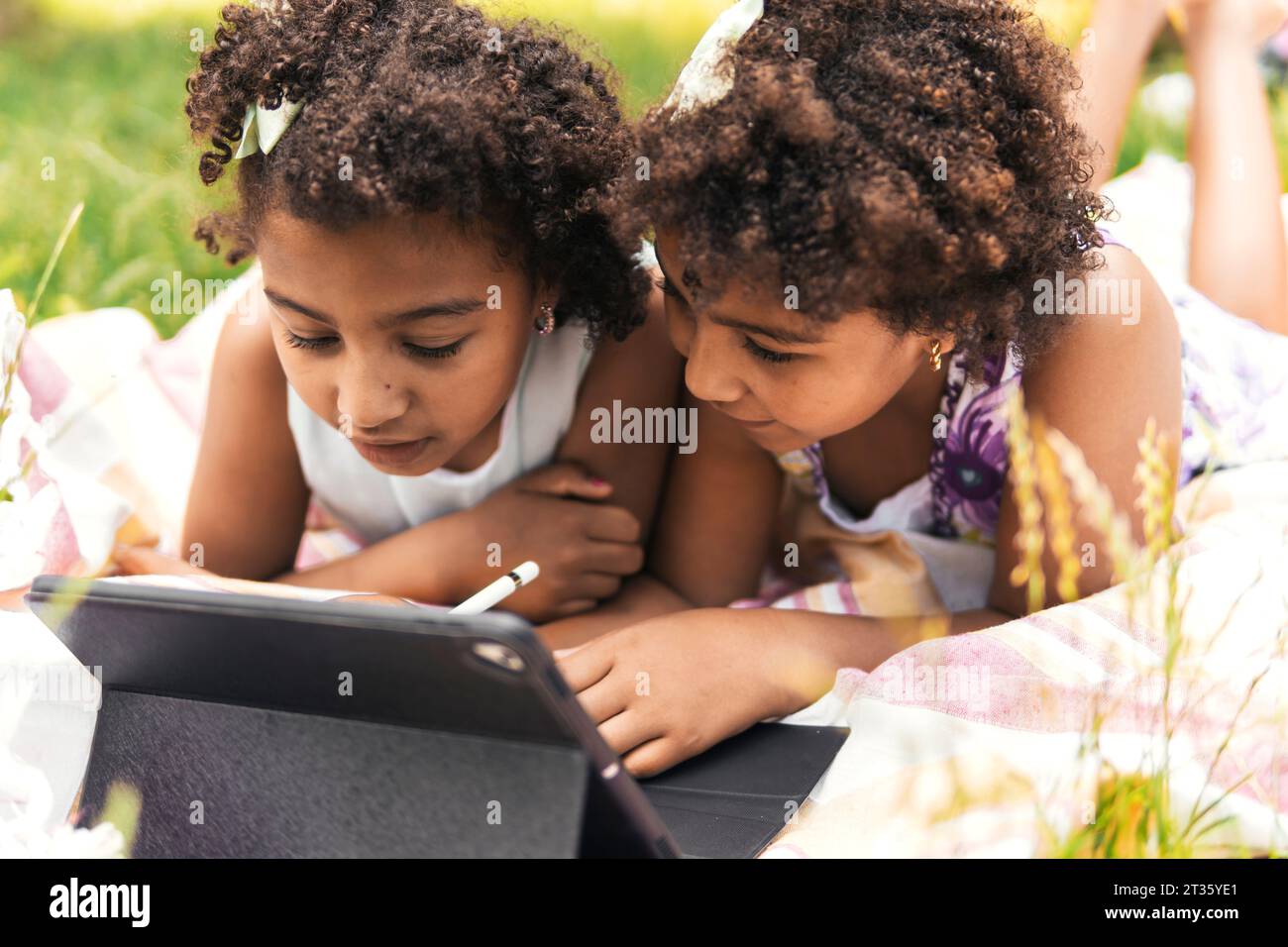 Curious twin sisters using tablet PC in garden Stock Photo - Alamy