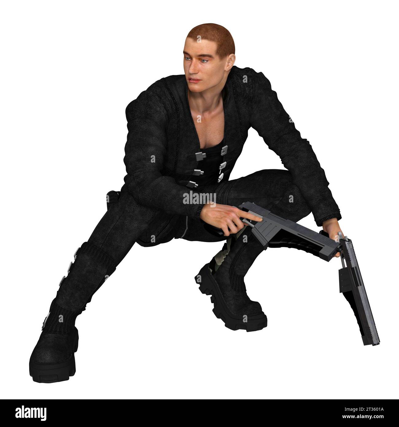 Male Soldier of Fortune Crouching with Two Guns Stock Photo - Alamy