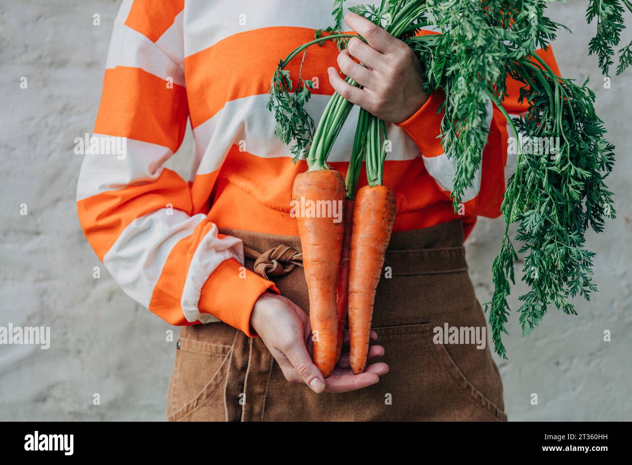 Woman holding bunch of carrots in front of concrete wall Stock Photo ...