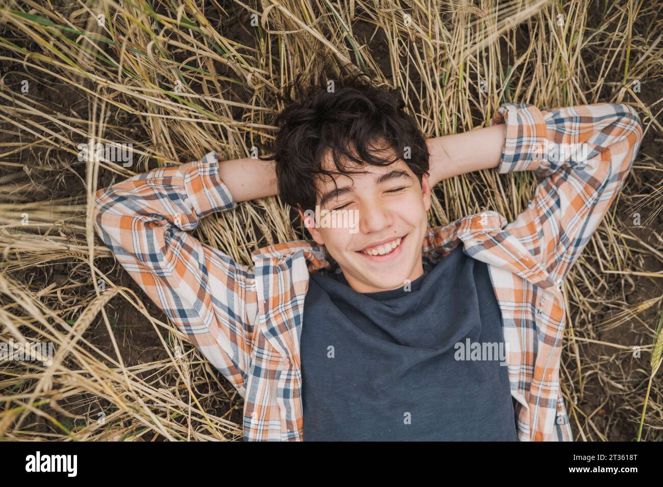 Smiling boy lying on hay Stock Photo - Alamy