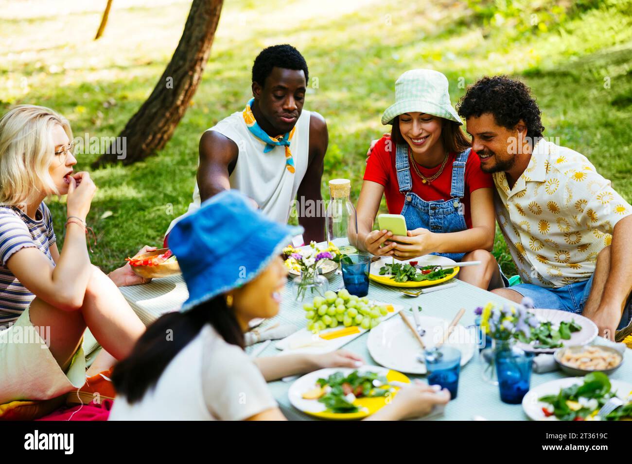 Happy woman showing mobile phone to friends at picnic table Stock Photo ...