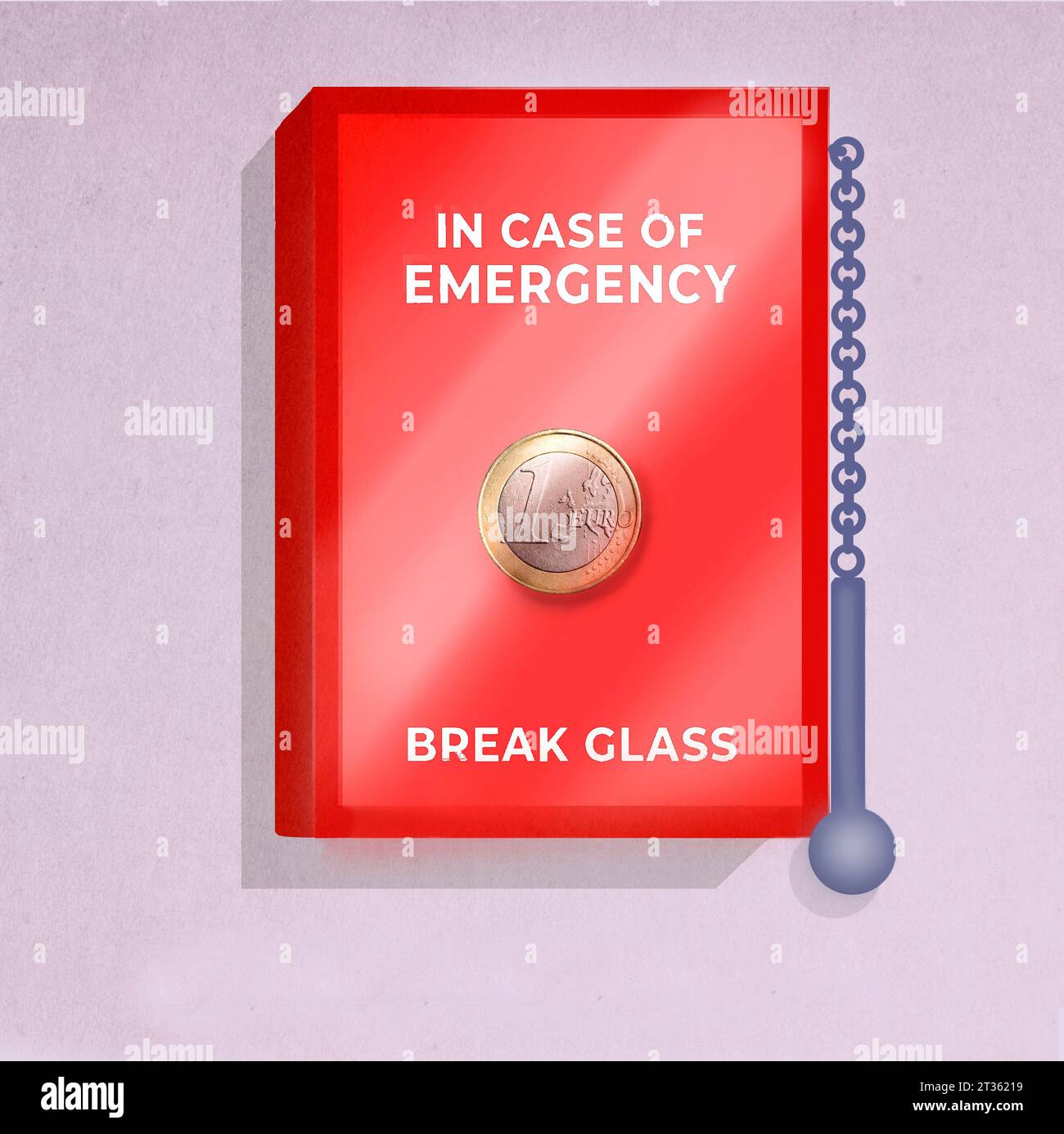 Illustration of one Euro coin inside safety box with glass breaker ...