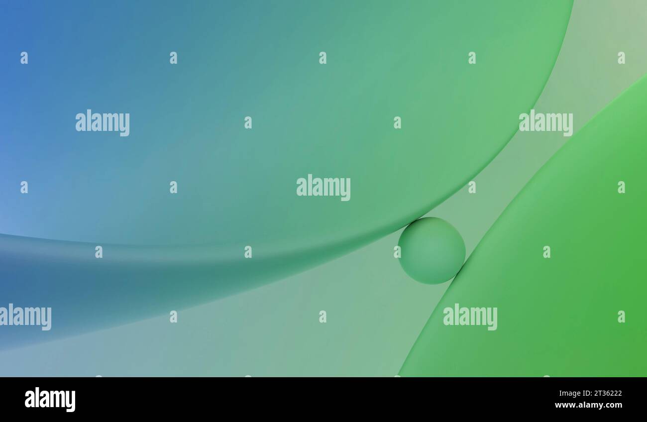 Three dimensional render of sphere between folds of green and blue ...