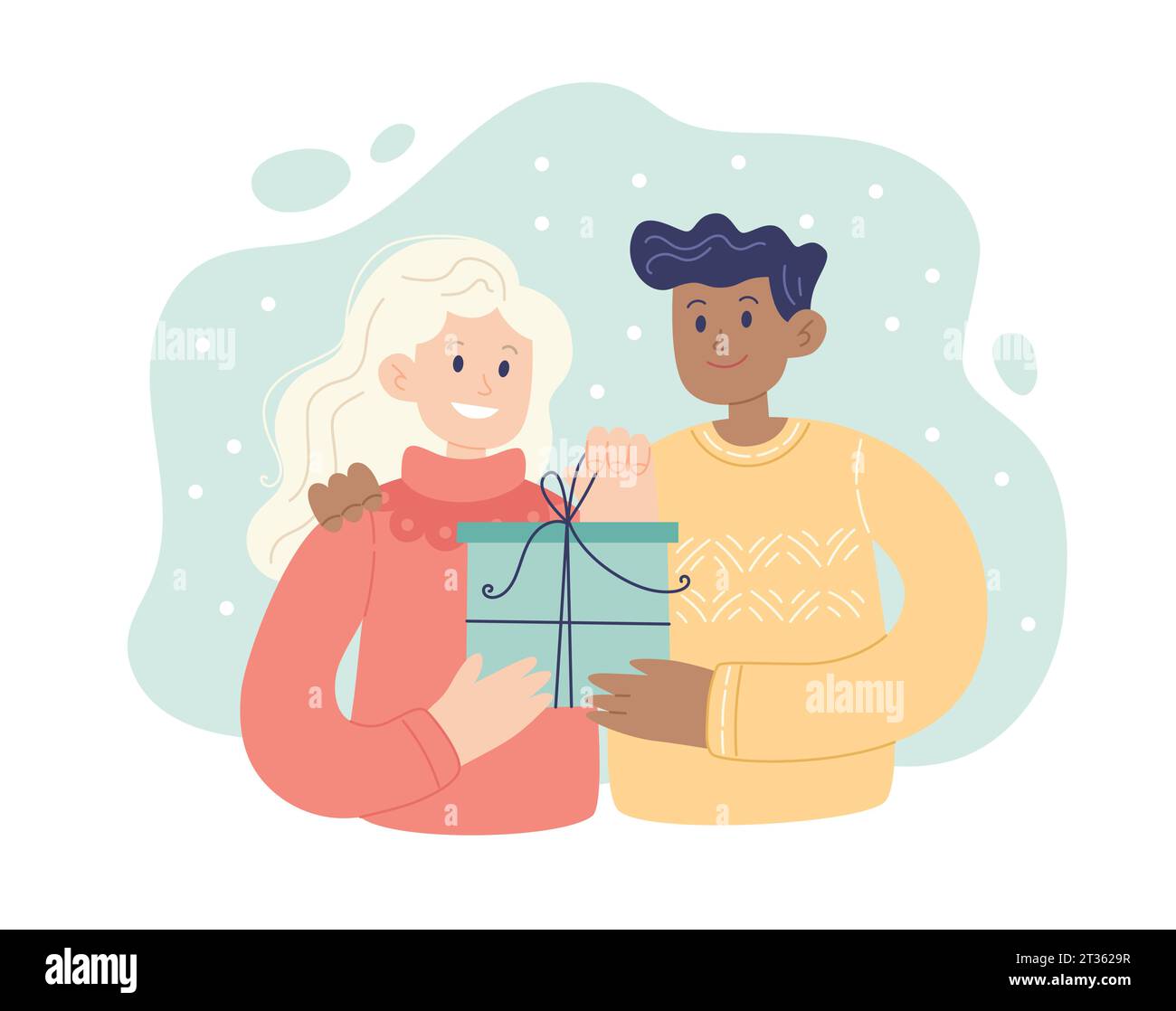 Christmas presents concept. Young happy couple opening a gift. Vector ...