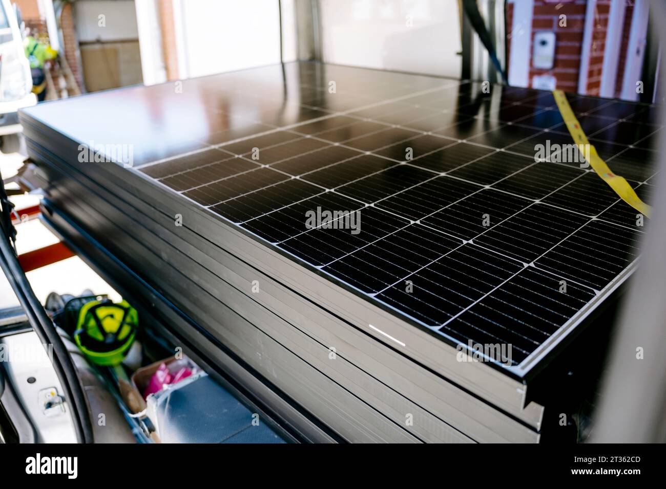 Stack of solar panels at site Stock Photo - Alamy