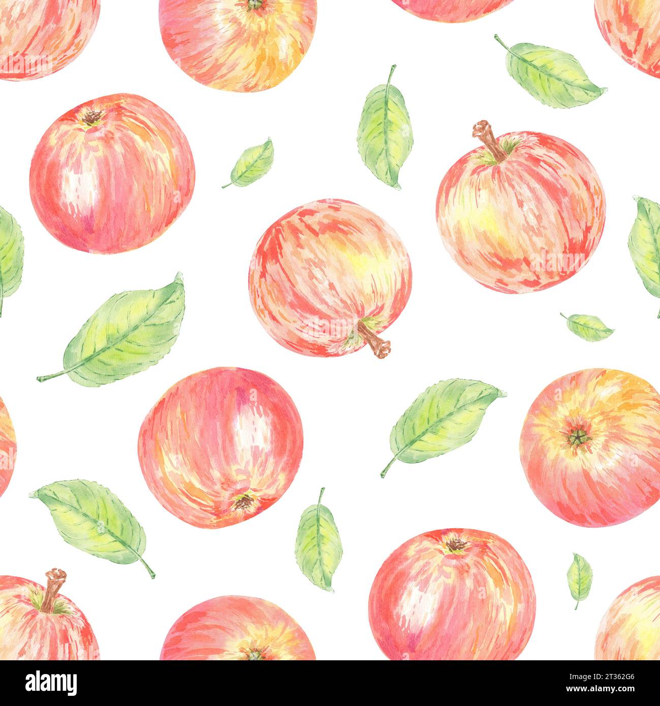 Watercolor seamless pattern with red apples. Food illustration hand painted in botanical stile ...
