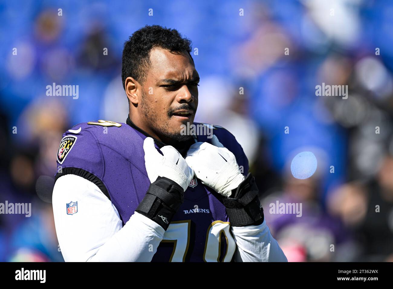 Baltimore Ravens offensive tackle Ronnie Stanley looks on during pre ...