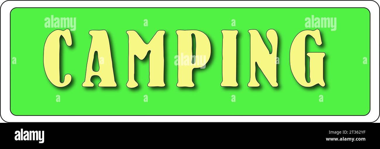 Camping sign yellow letters on green background Stock Photo - Alamy