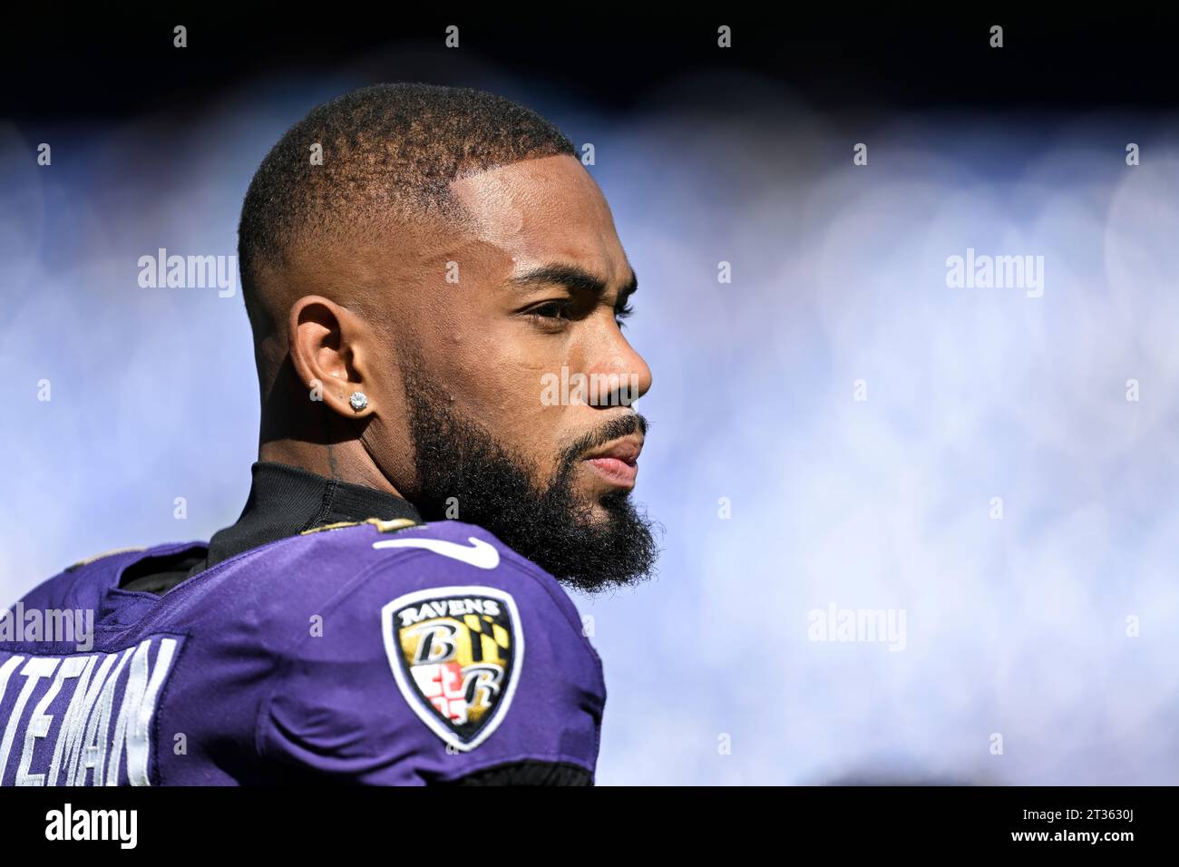 Baltimore Ravens wide receiver Rashod Bateman looks on during pre-game ...