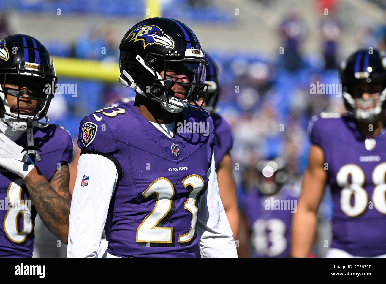 Baltimore Ravens cornerback Rock Ya-Sin (23) looks on during pre-game ...