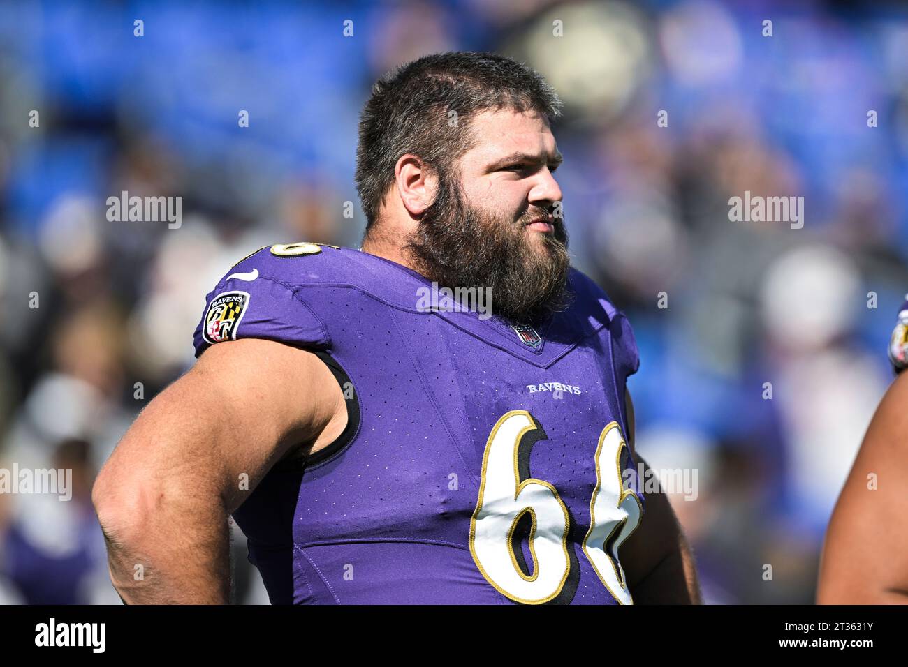 Baltimore Ravens guard Ben Cleveland (66) looks on during pre-game warm ...