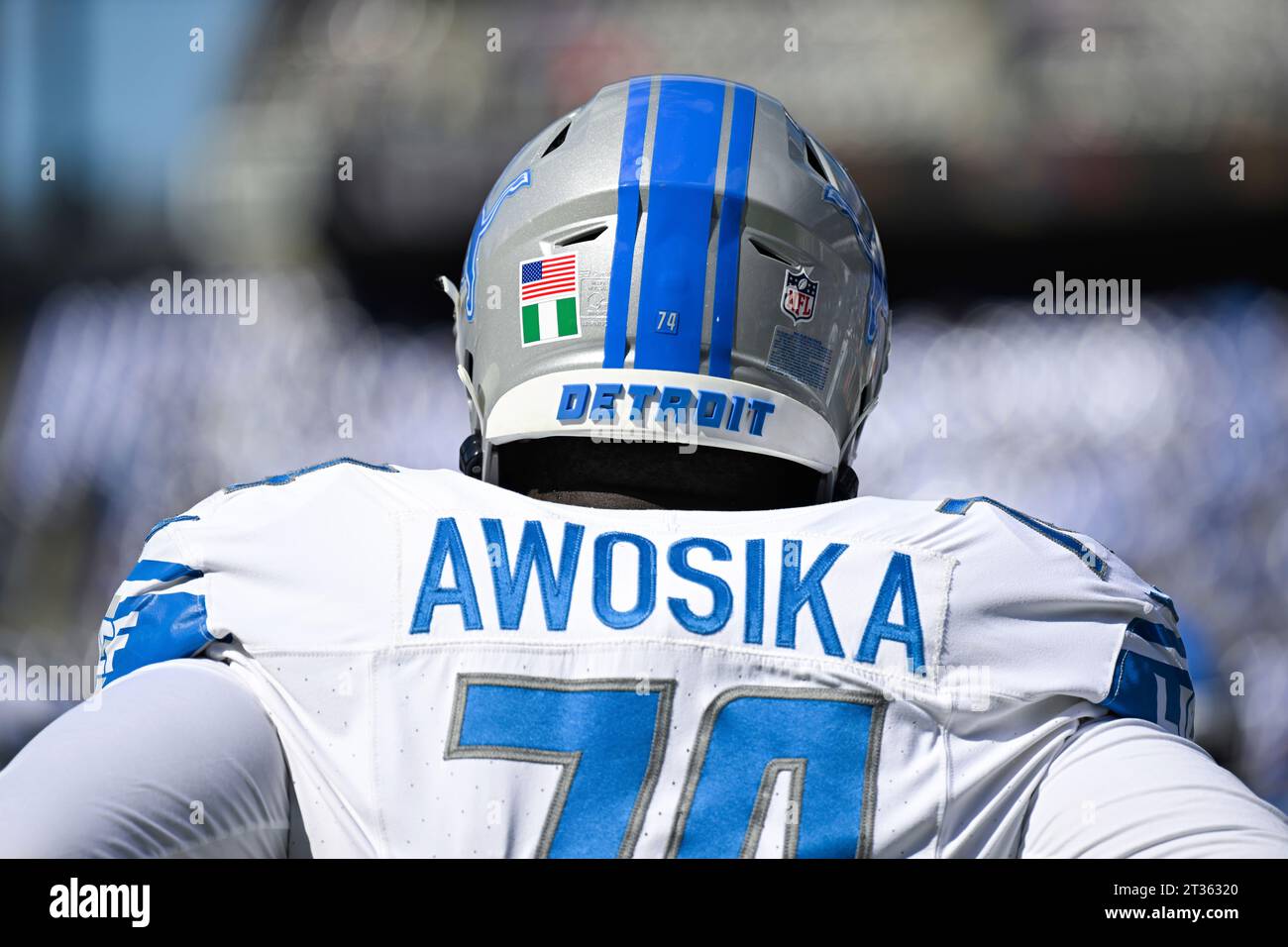 An international flag decal are shown on the helmet of Detroit Lions ...
