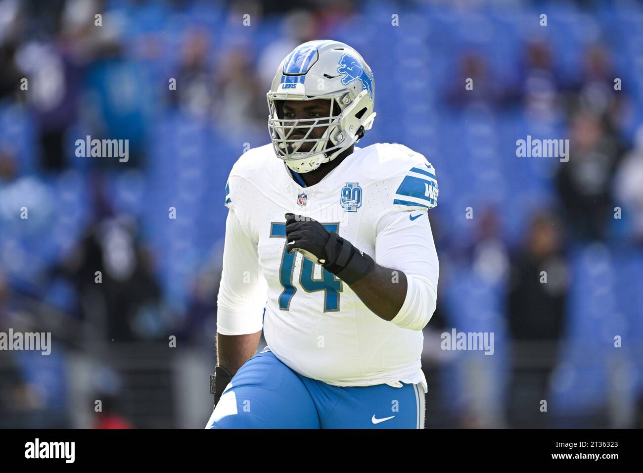 Detroit Lions guard Kayode Awosika (74) works out during pre-game warm ...