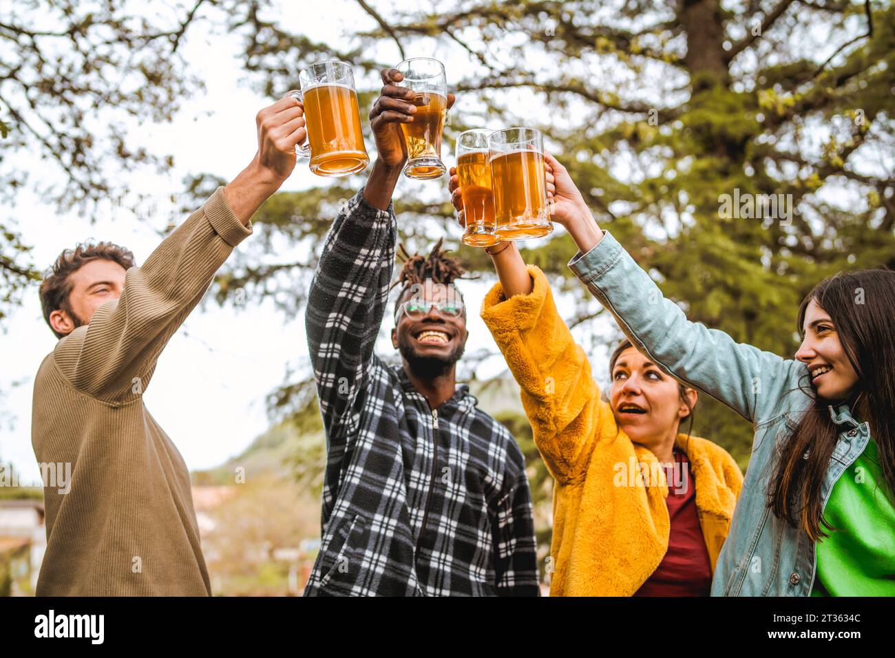 A diverse group of friends raise their beer glasses in a toast ...