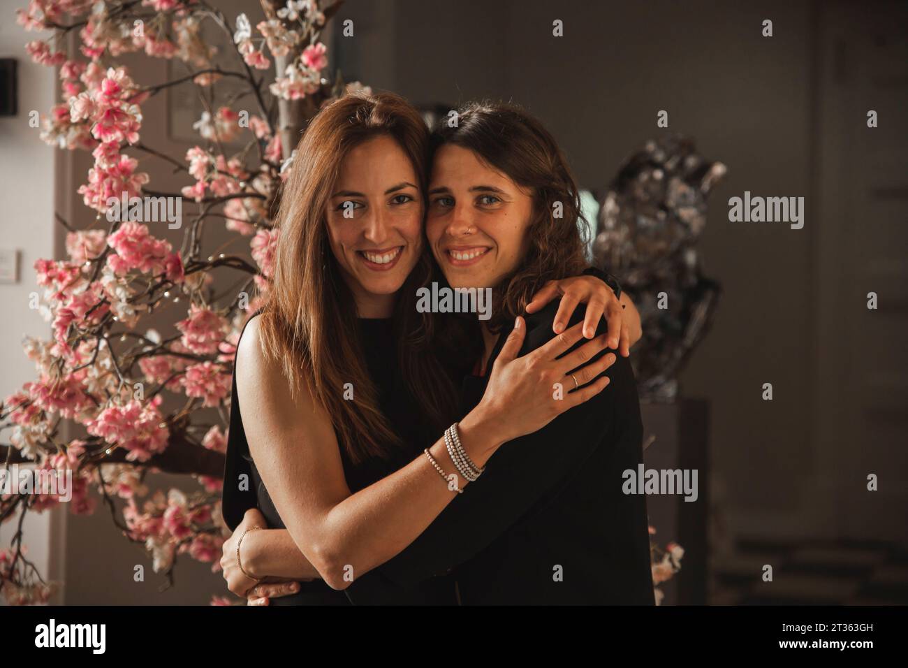 Smiling sisters hugging at wedding reception Stock Photo - Alamy
