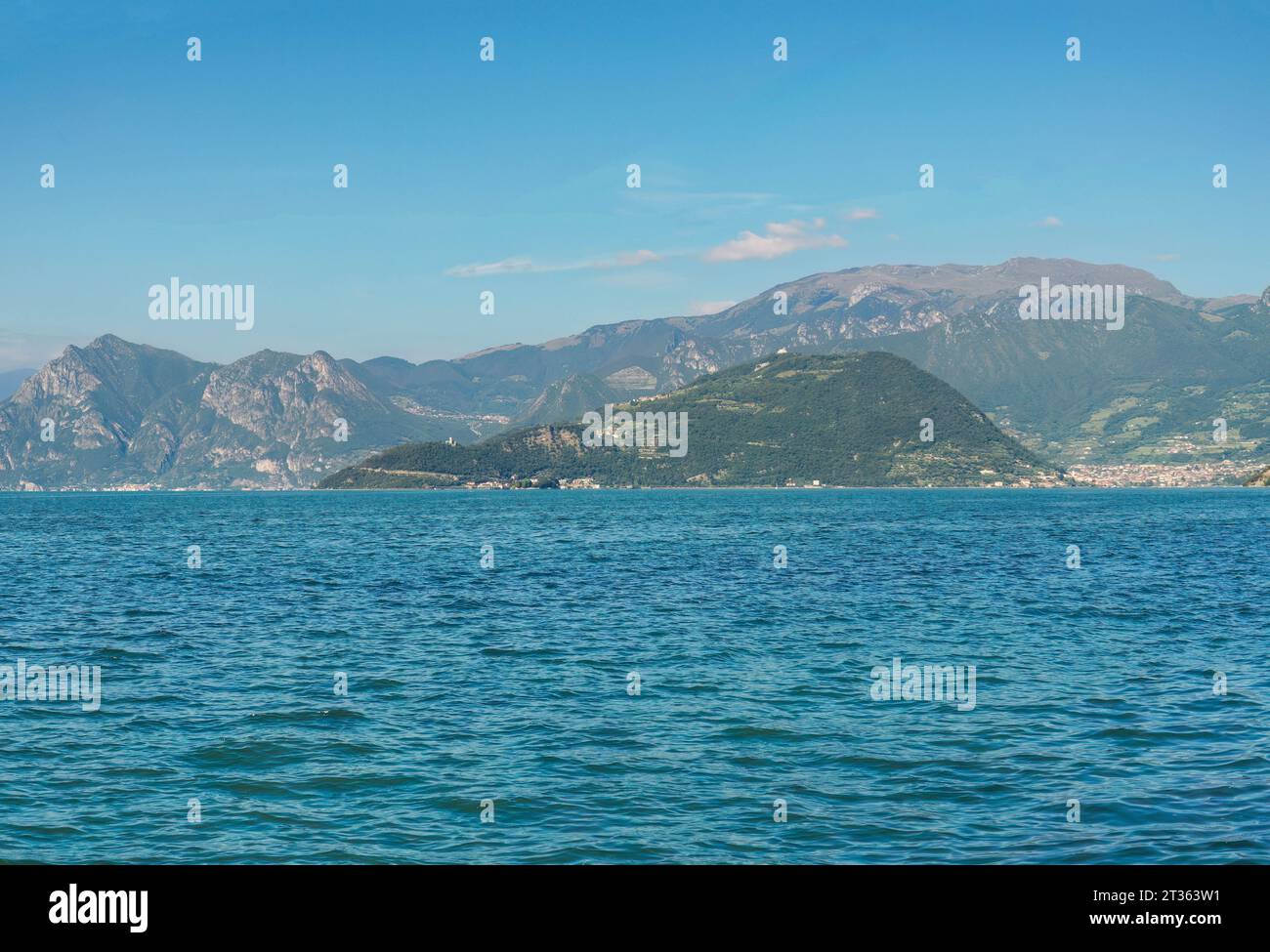 View across Lago d'Iseo (lake Iseo) towards the Island of Monte Isola ...