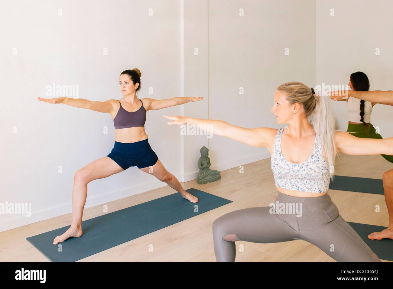 Yoga instructor teaching warrior pose at studio Stock Photo - Alamy