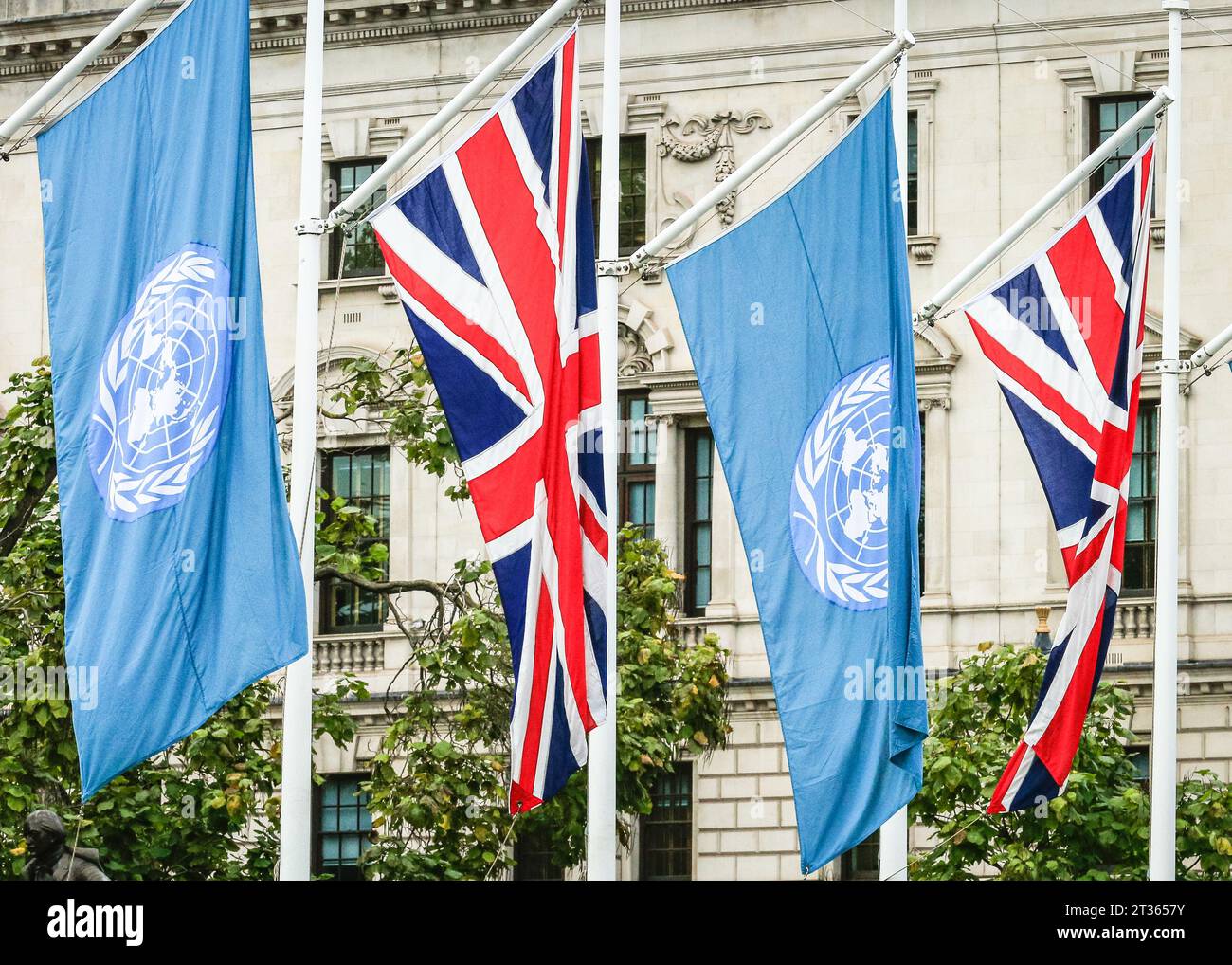 London, UK. 23rd Oct, 2023. United Nations flags are raised with Union ...