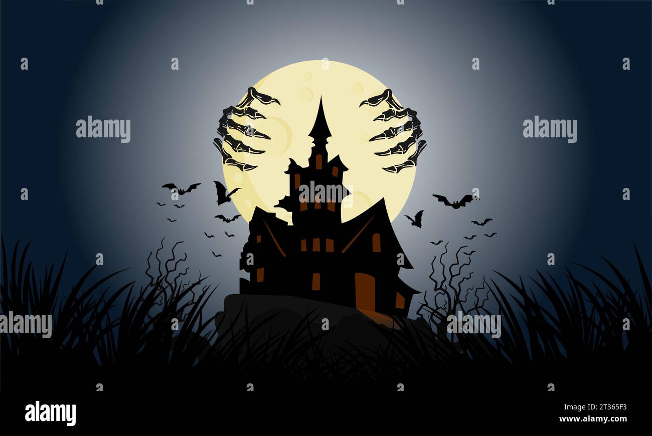 Ghost hand bones cling to the full moon, floating above a dark and ...