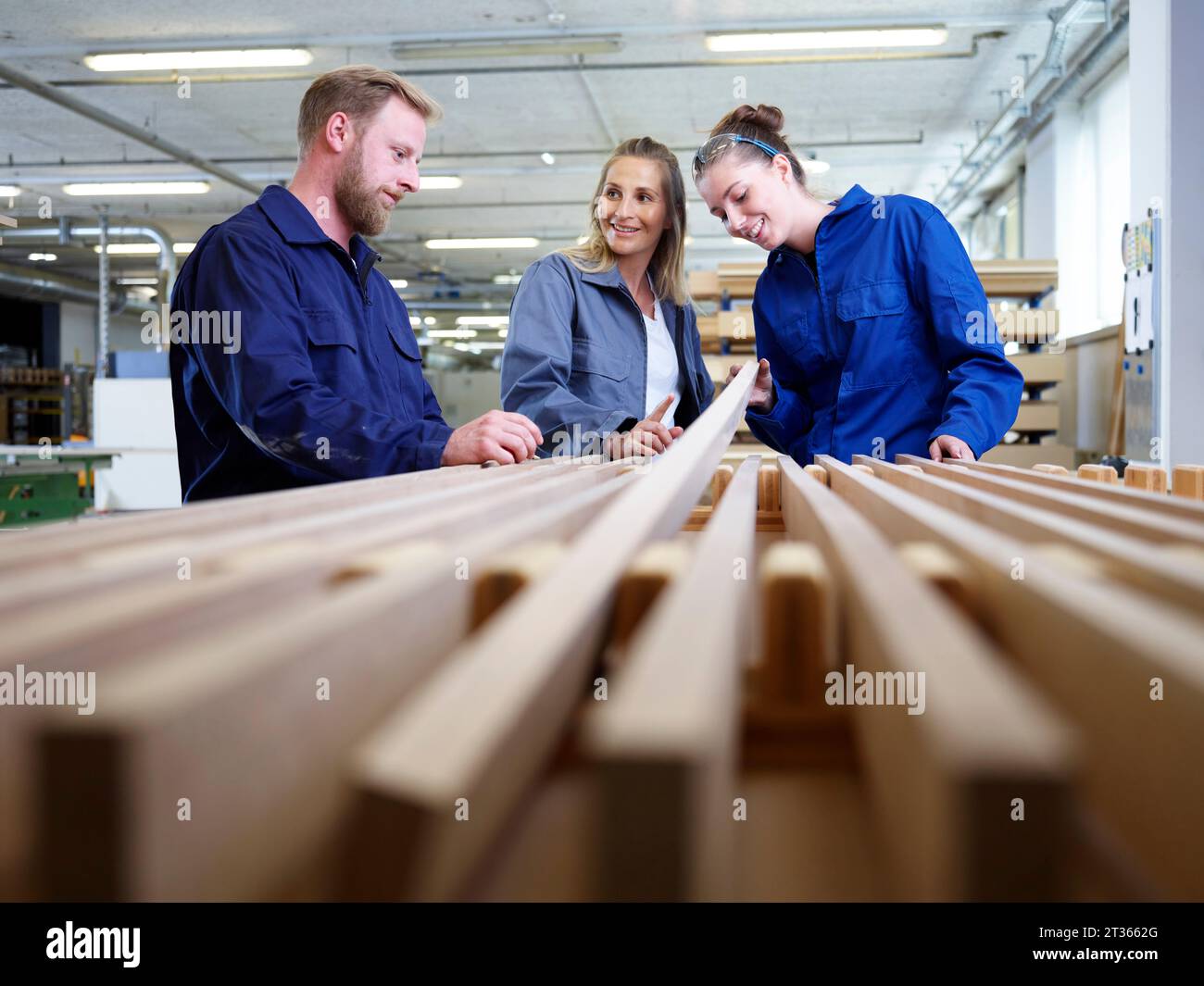 Smiling trainee learning from carpenters in factory Stock Photo - Alamy