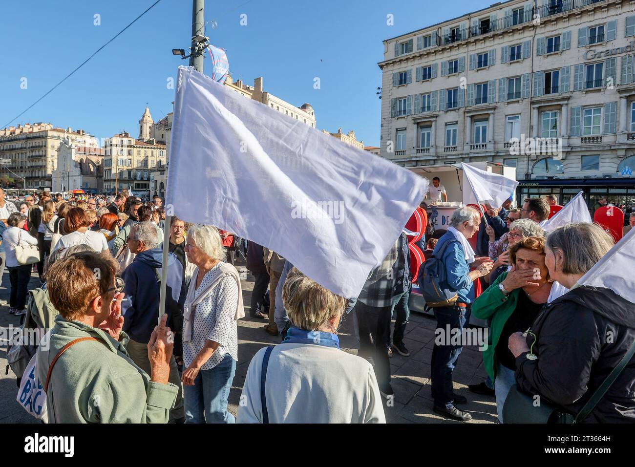 Marseille, France. 21st Oct, 2023. Protesters gather on the Old Port of ...