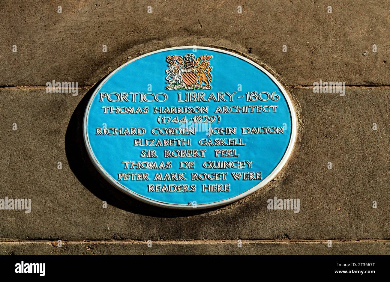 Portico Library blue plaque, Manchester Stock Photo - Alamy