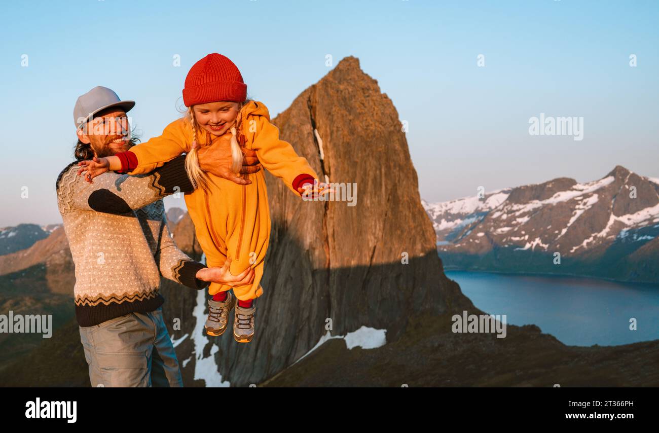 Family travel father playing with daughter child outdoor hiking in ...