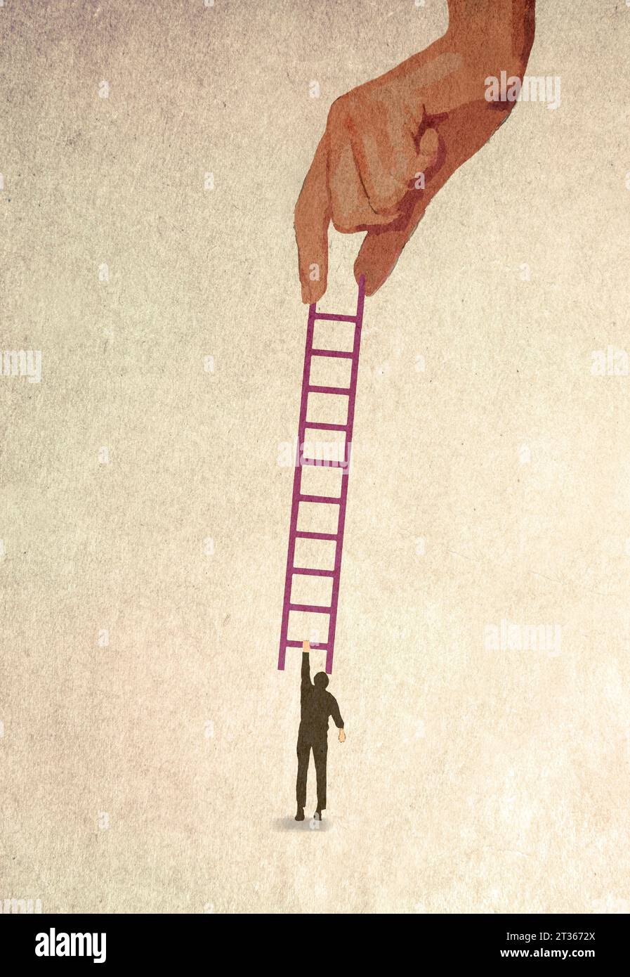 Illustration of oversized hand passing ladder to man Stock Photo - Alamy