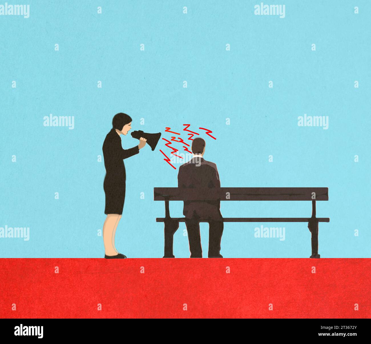 Illustration of woman shouting through megaphone on man sitting on park ...