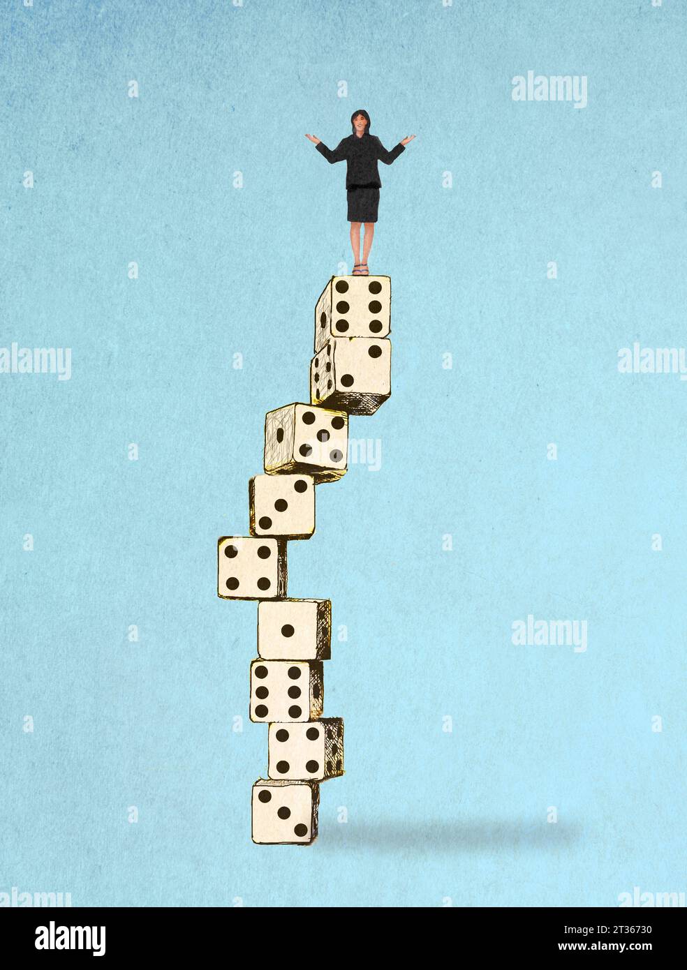 Illustration of woman balancing on top of stack of oversized dice Stock ...