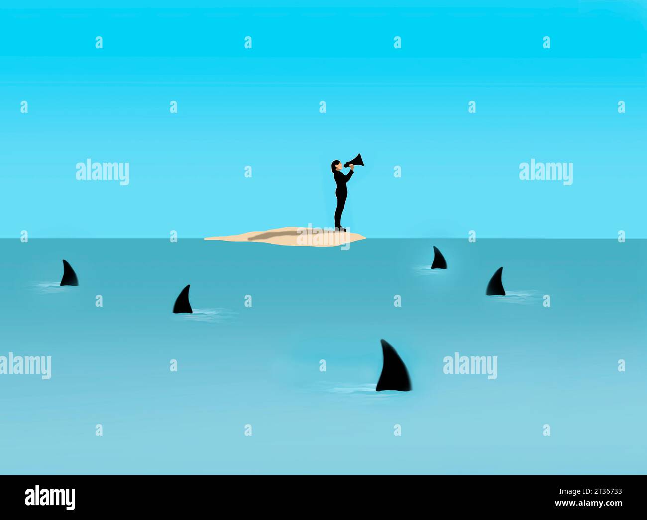 Illustration of castaway shouting through megaphone on desert island ...