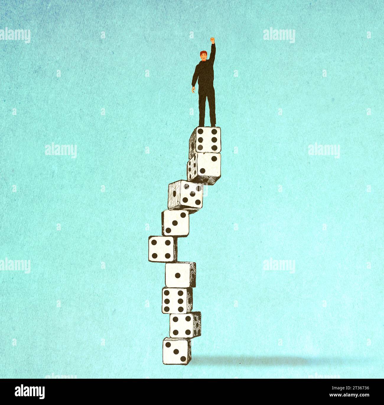 Illustration of man balancing on top of stack of oversized dice Stock ...