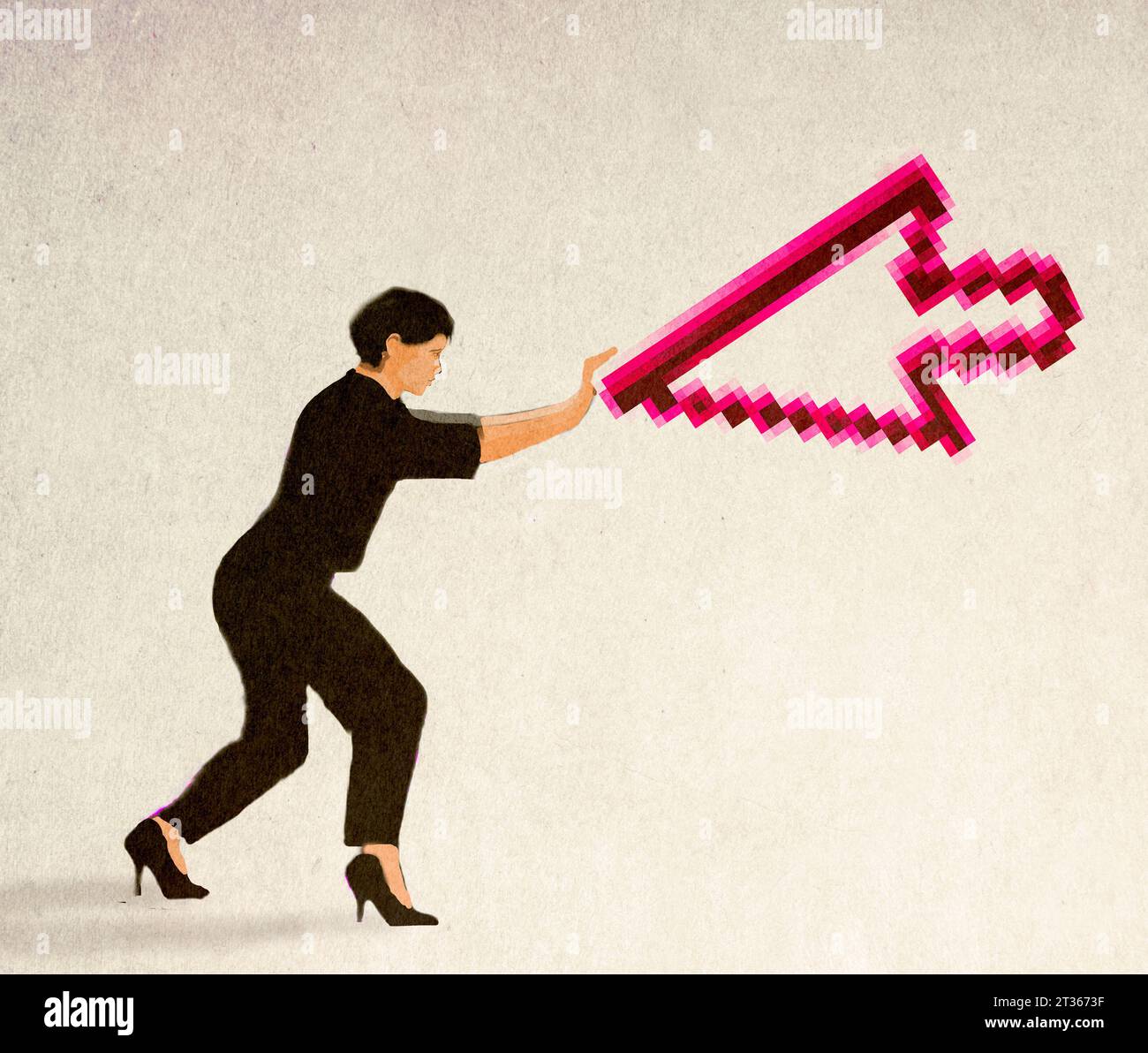 Illustration of woman pushing against oversized computer cursor Stock ...