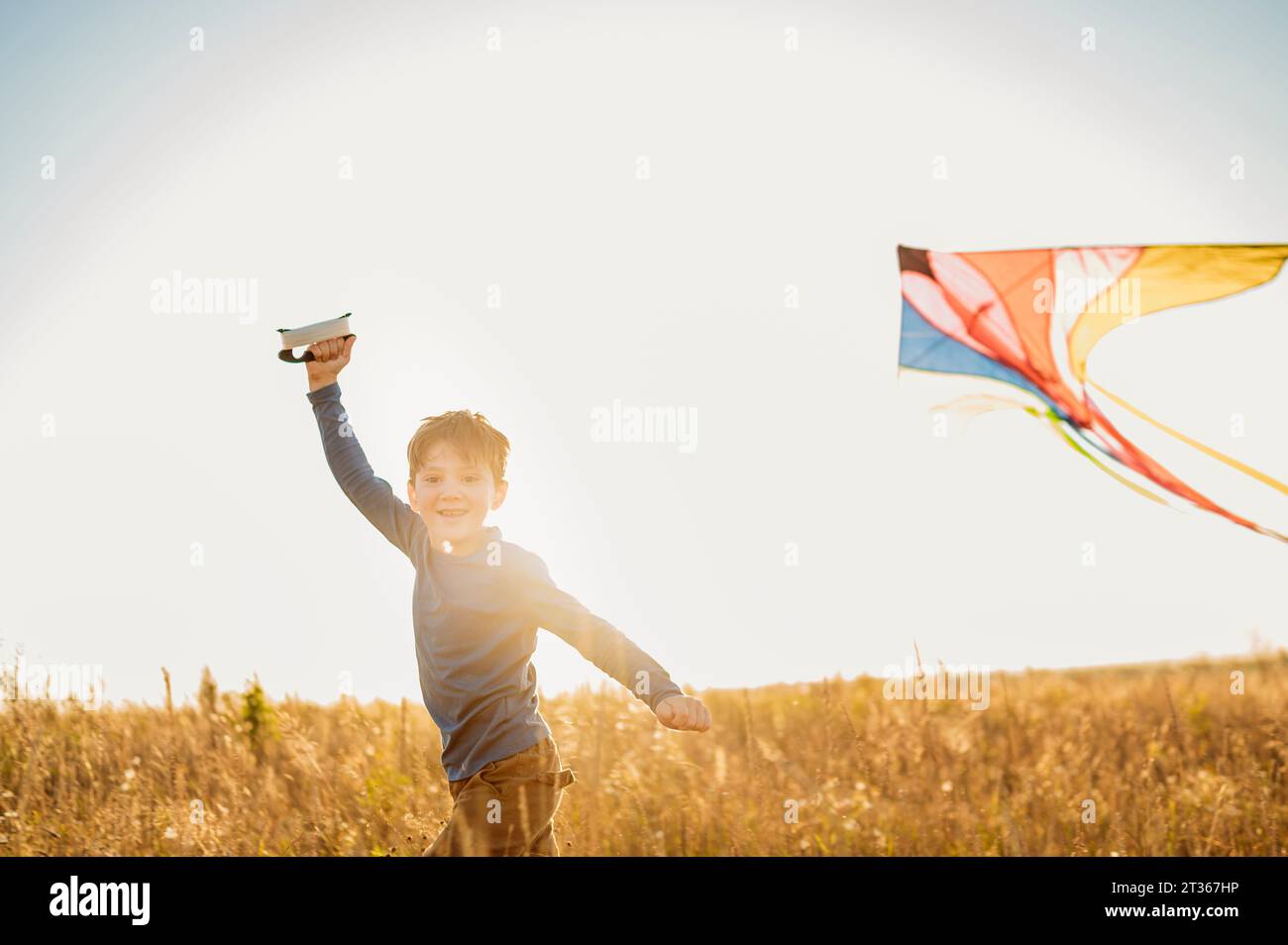 Smiling boy flying kite in field Stock Photo - Alamy
