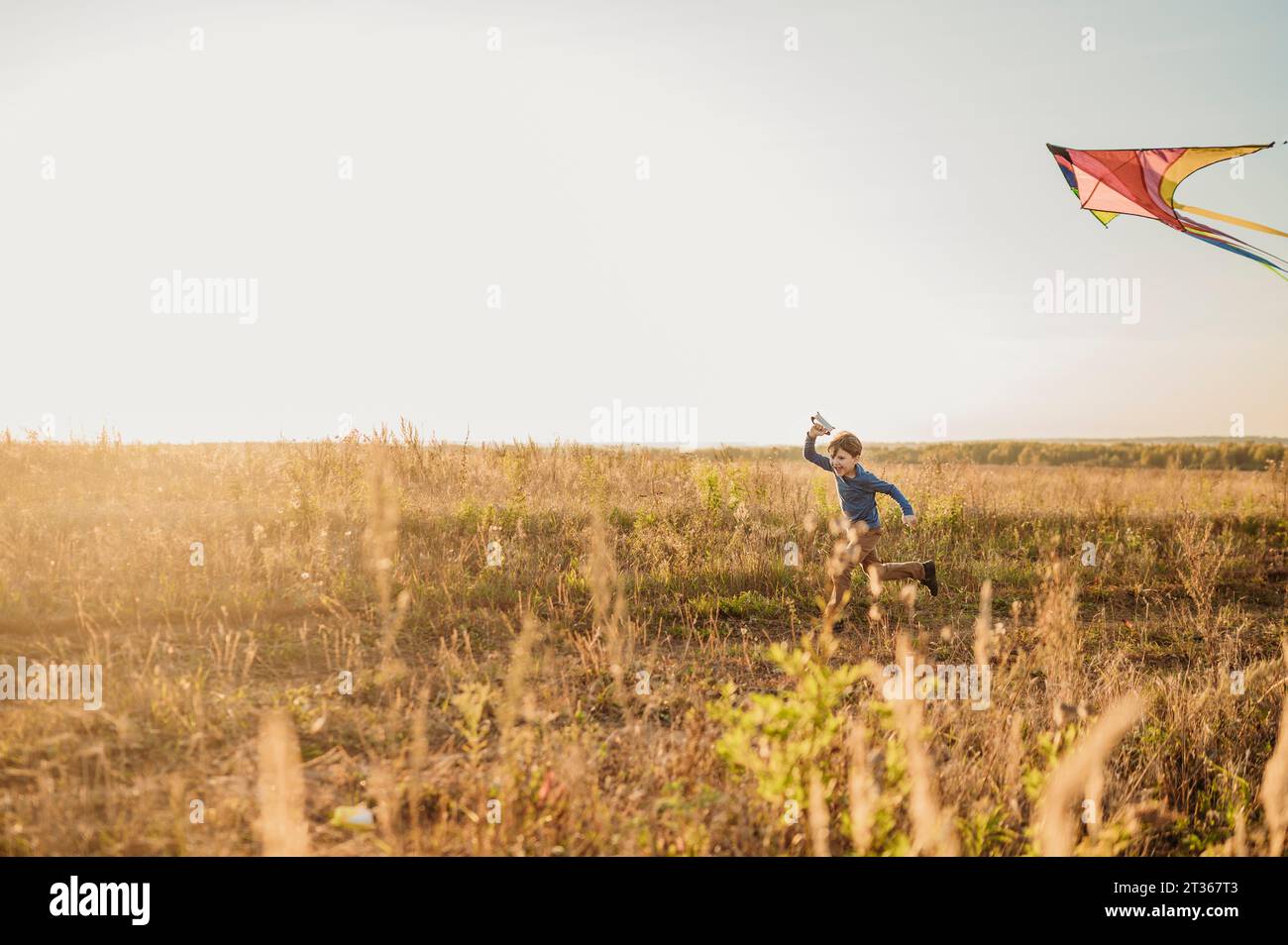 Happy boy running and flying kite in field under sky Stock Photo - Alamy