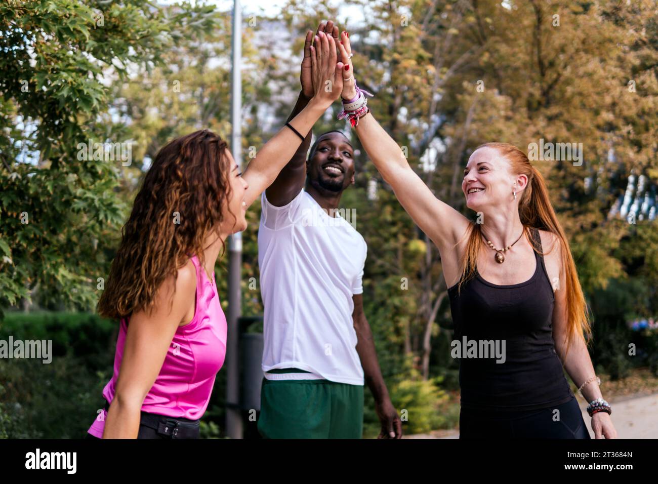 Happy friends giving high-five at park Stock Photo - Alamy