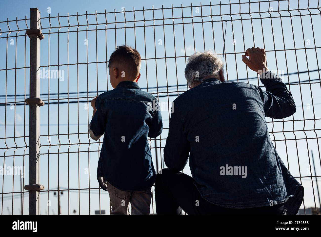 Grandson and grandfather looking through fence Stock Photo - Alamy