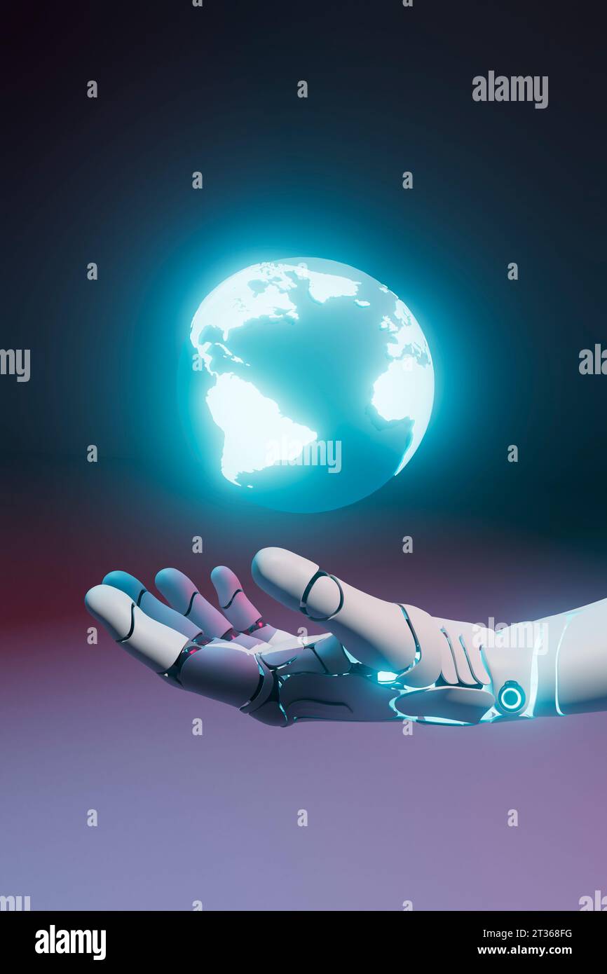 Three dimensional render of robotic hand holding glowing planet Earth ...