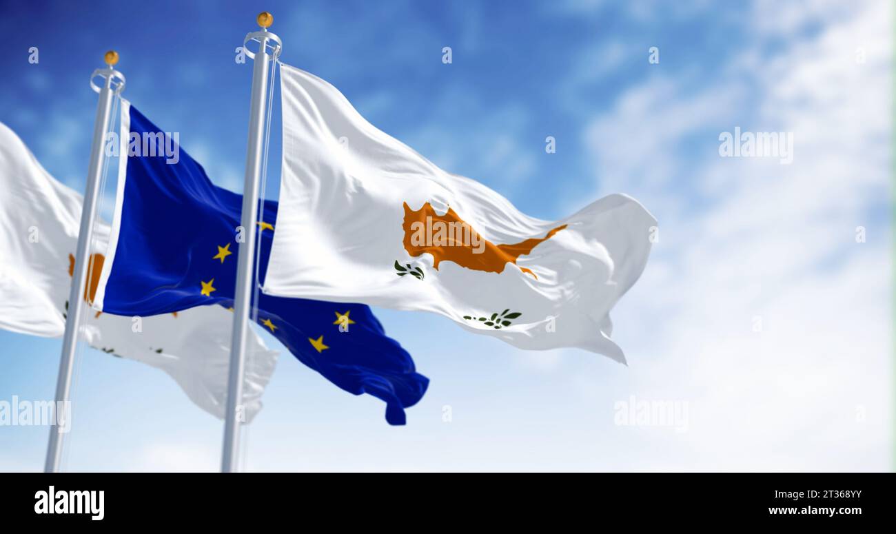 Cyprus national flag waving in the wind with the European Union flag on ...