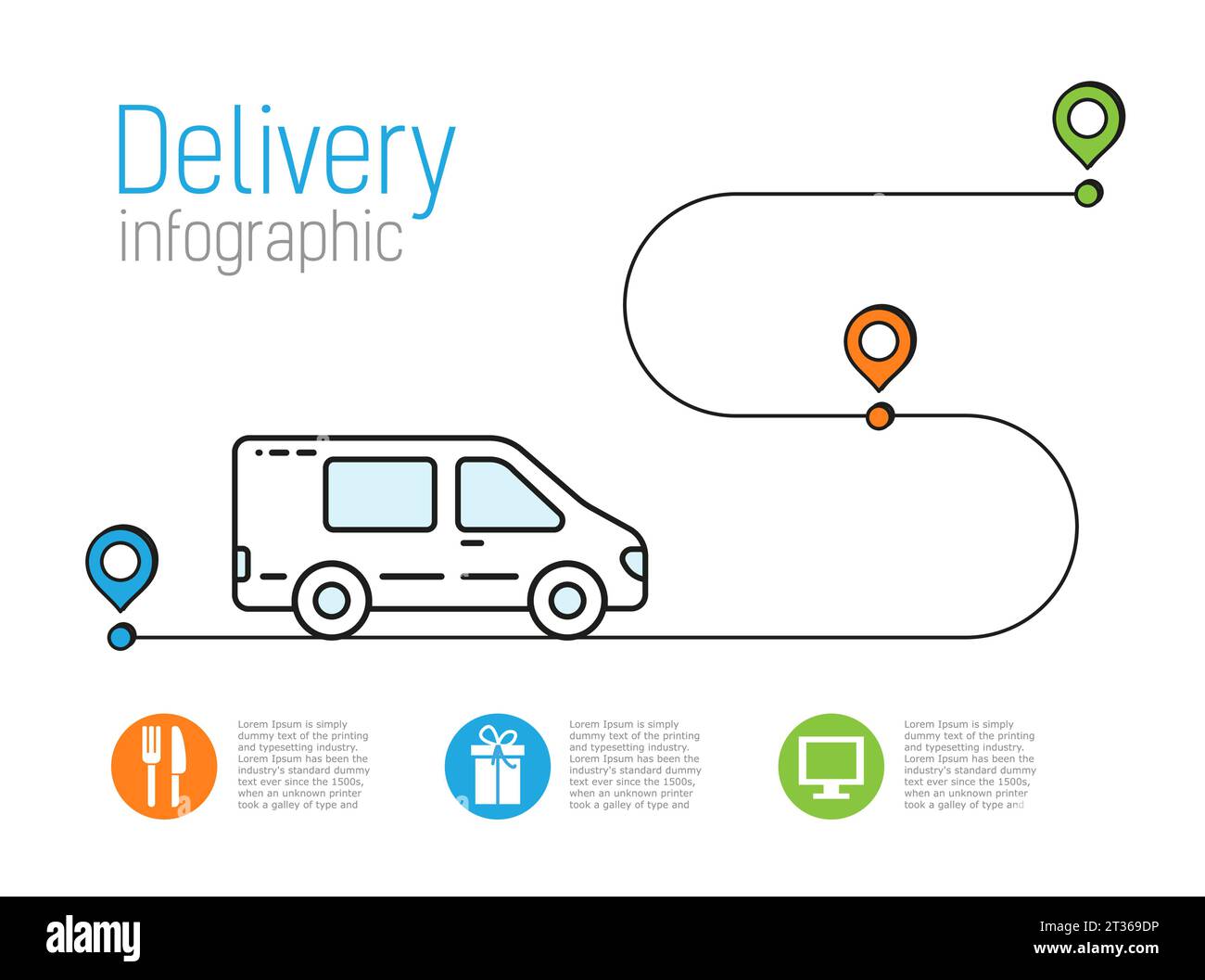 Delivery way. Bus and map icon. Blue, green, orange, white. vector ...